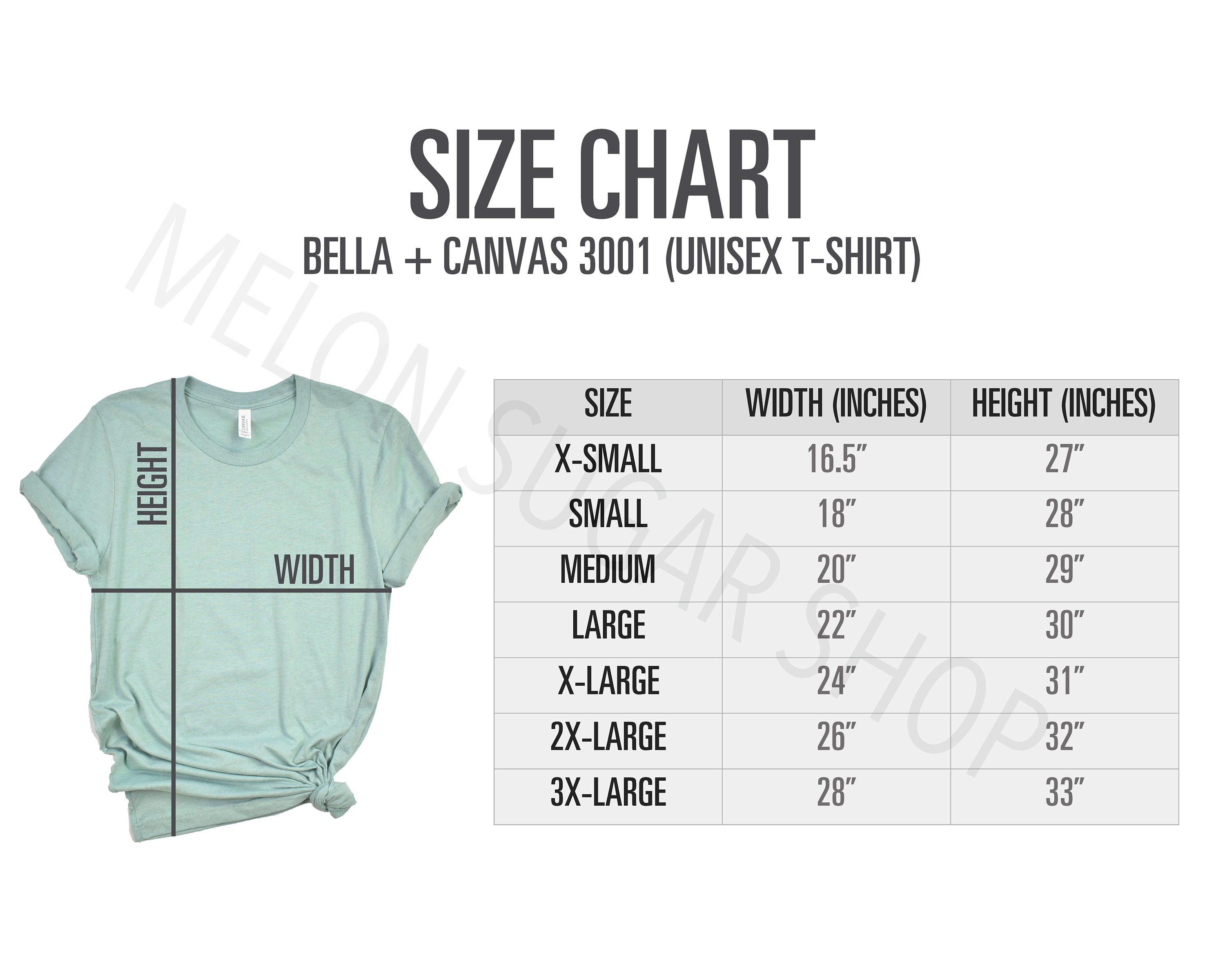 Bella Canvas 3001 Size Chart | Bella Canvas Size Chart | Bella Canvas ...