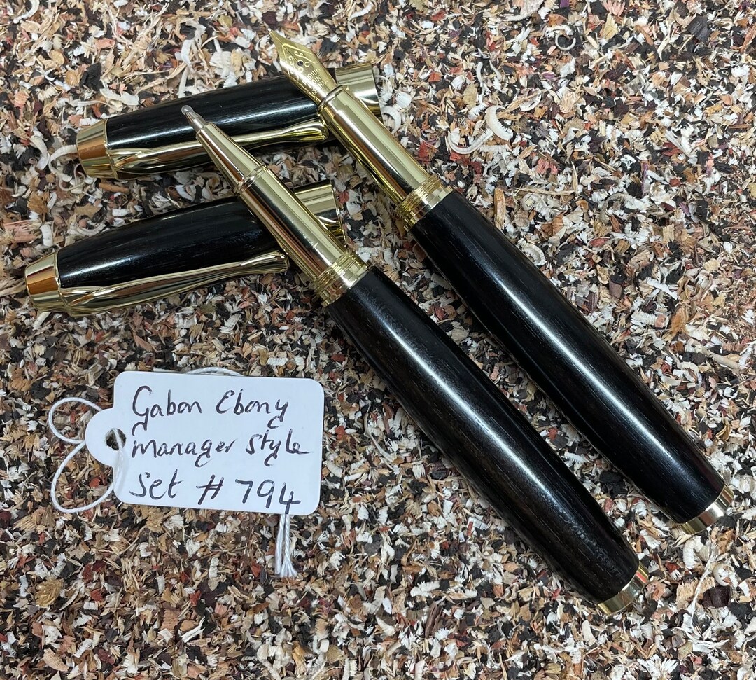 Gabon Ebony Hand Turned Manager Style, Lidded Fountain and Rollerball ...