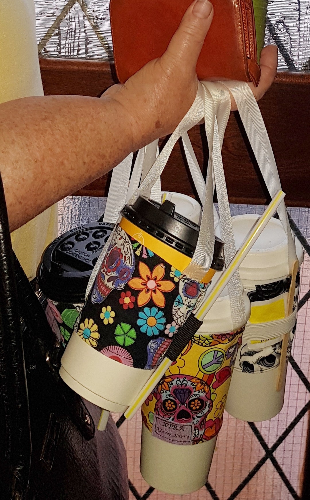 Coffee Cup Holder Sling Carrier Drinks Holder Travel Folds Sleeve Hands ...