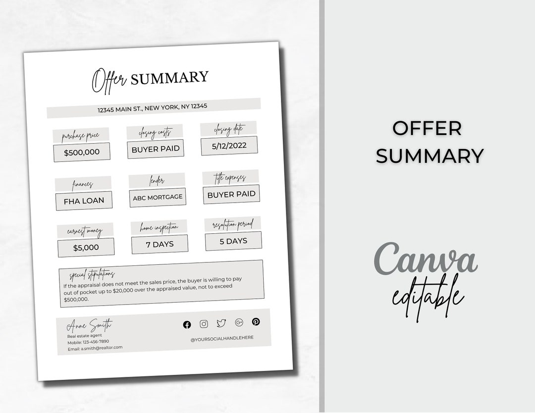 Real Estate Offer Summary Cover Sheet| Real Estate Marketing| Real ...