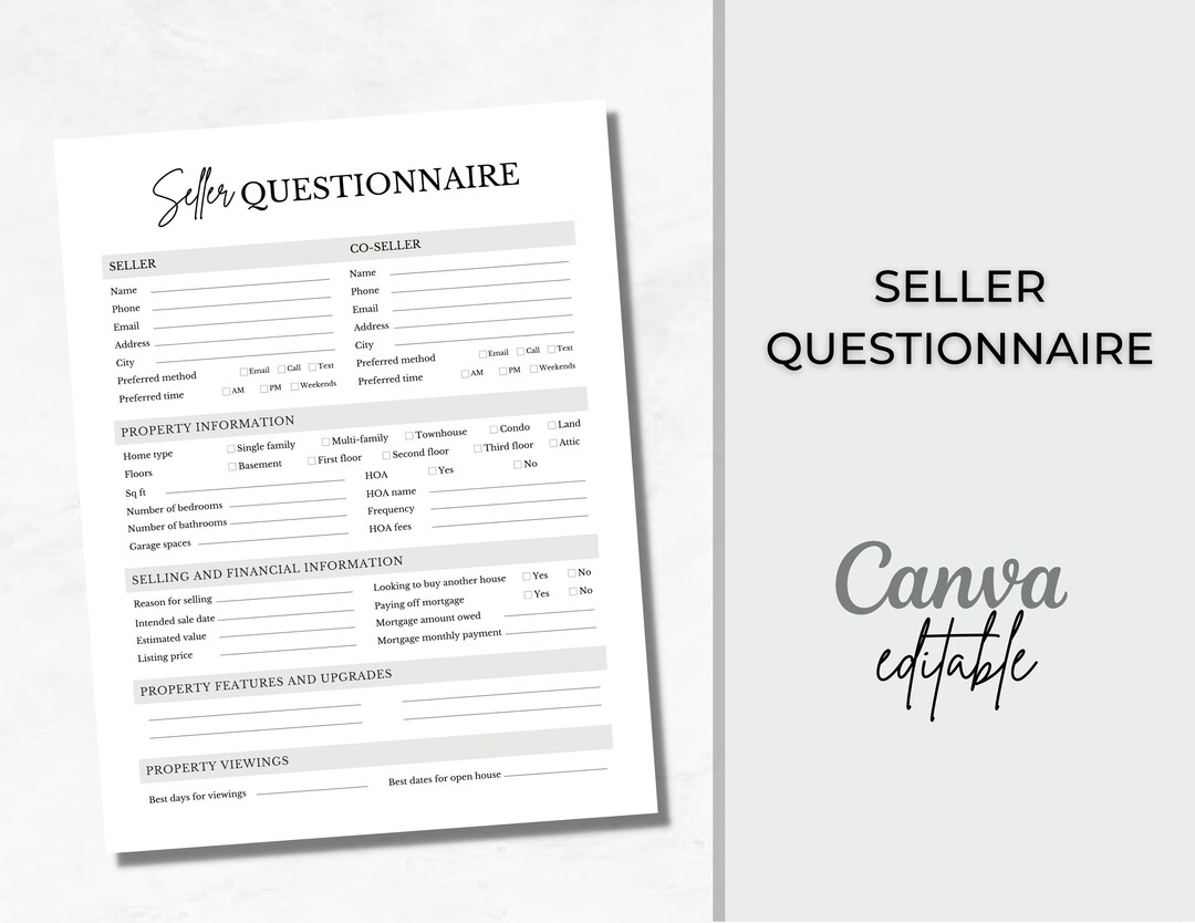 Real Estate Seller Questionnaire| Client Questionnaire Form| Seller ...