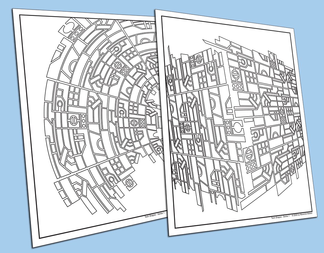 10 Printable Coloring Pages. Complex Sci-fi Tech Shapes. Futuristic ...