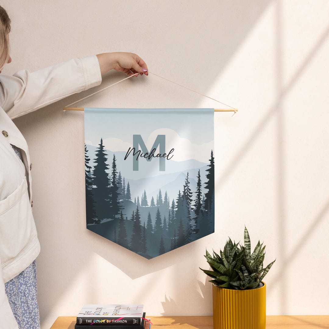 Personalized Name Pennant- Custom Mountain Range Wall Art- Forest ...