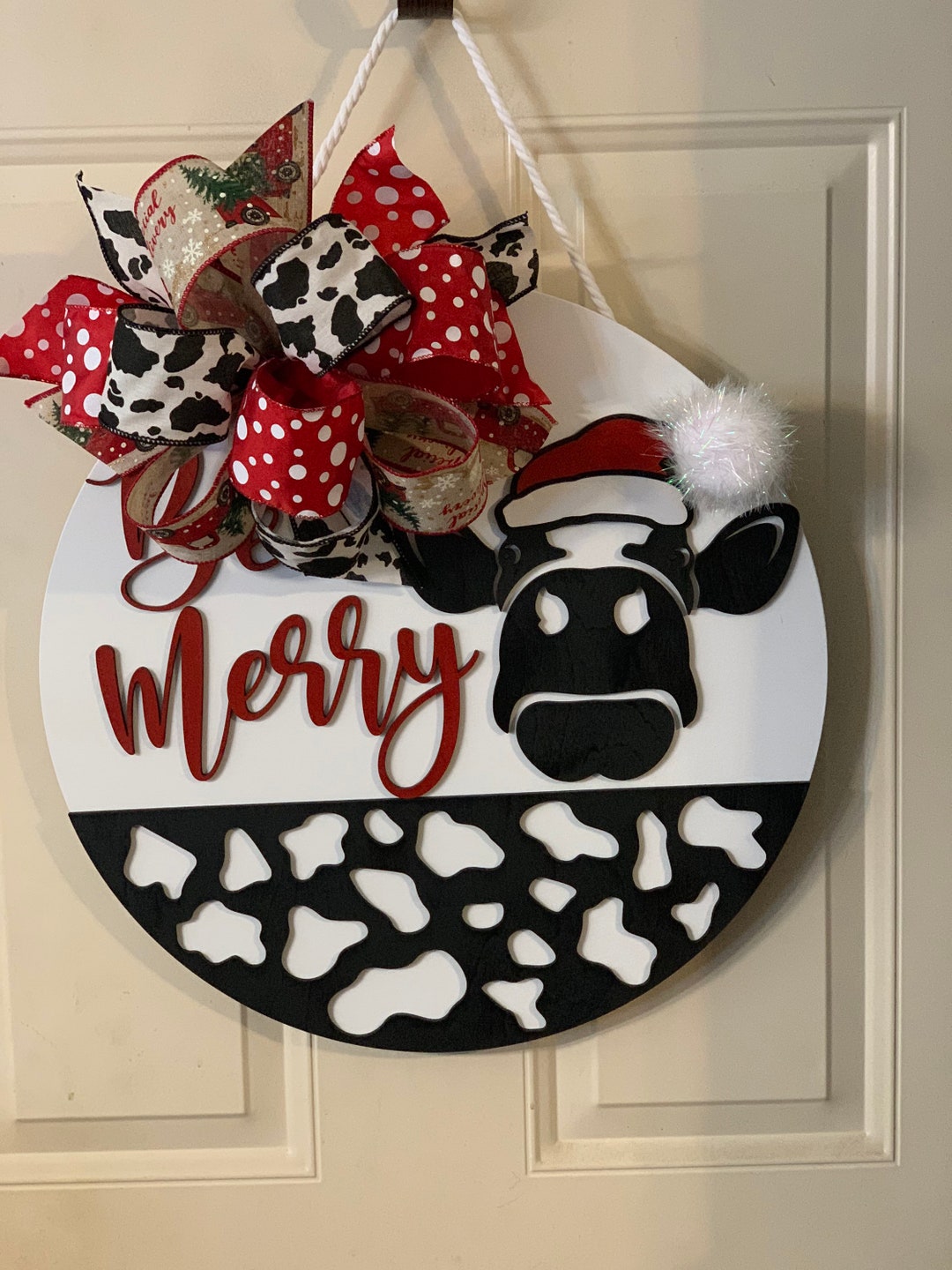 Cow Christmas Door Decor, Be Merry Christmas Door Hanger, Christmas ...