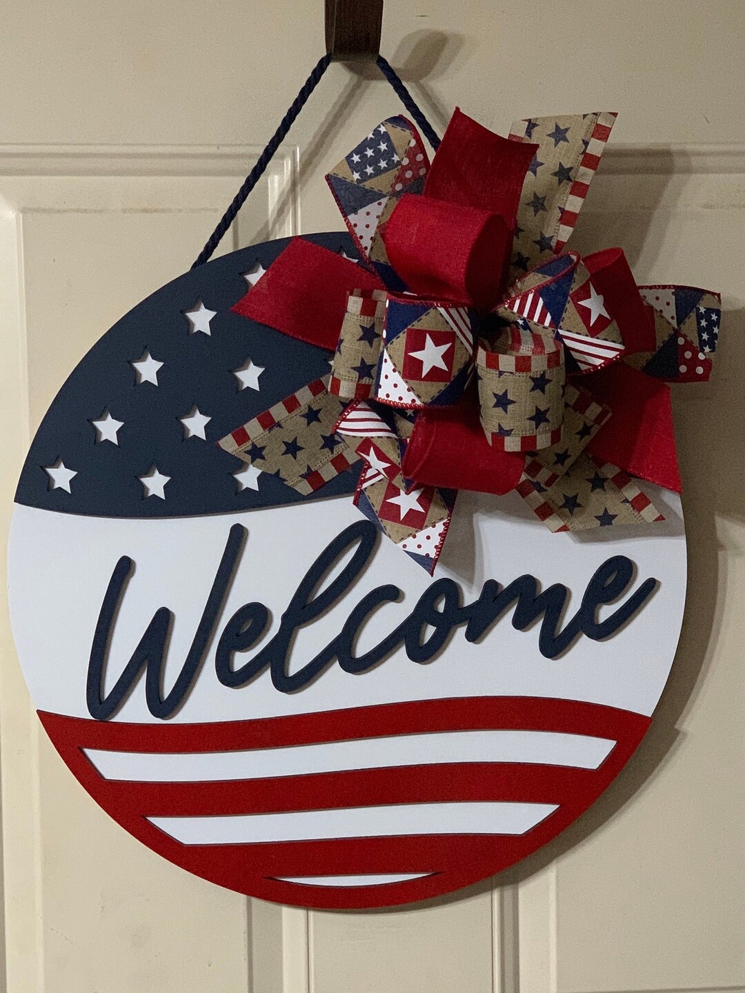 Patriotic Welcome Door Hanger, Welcome Door Hanger, Memorial Day, Round ...