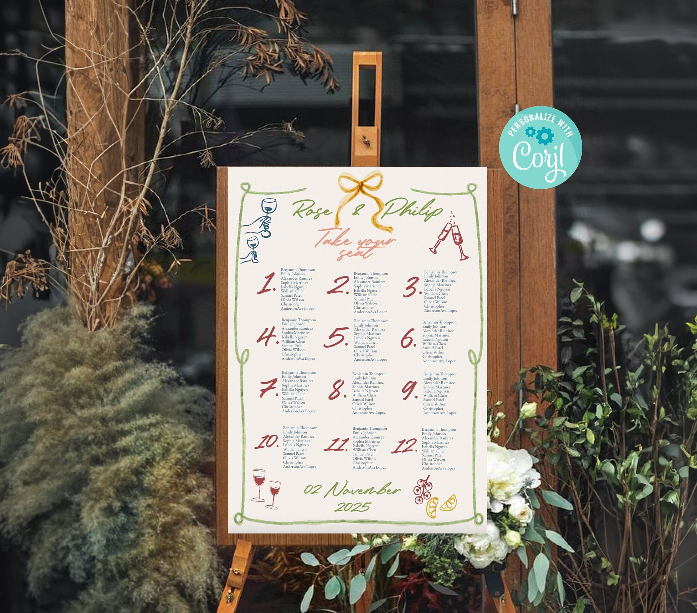 SEATING CHART TEMPLATE Table Seating Plan Ribbon Bow Wedding Reception ...