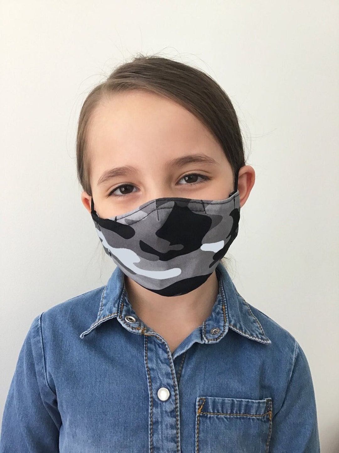 Black Camo Kids Face Mask, Black Camouflage Face Mask Kids, Washable ...