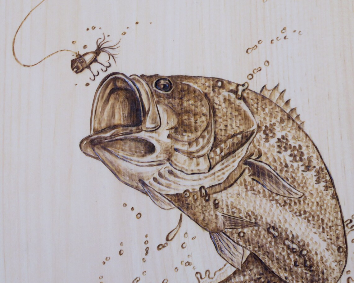 Leaping Fish Pyrography Large Mouth Bass Wood Burning | Etsy