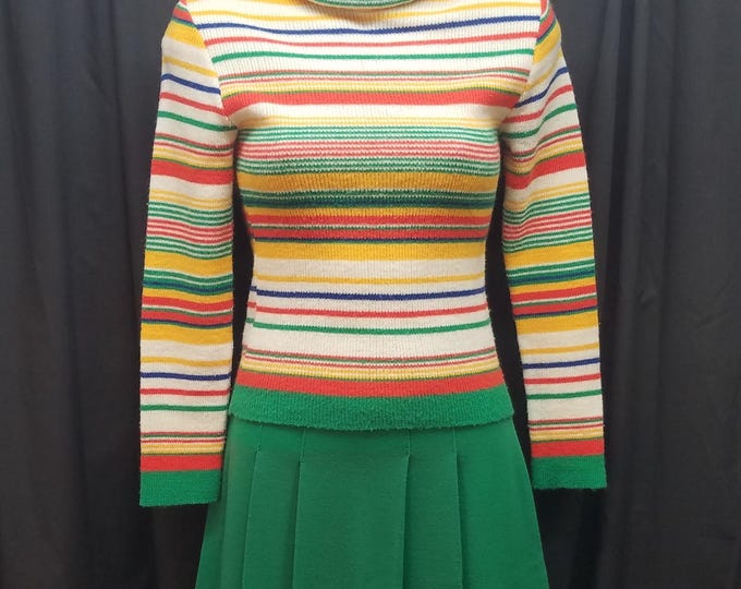 Vintage 1970s Love Bug Striped Rainbow Sweater and Green Pleated Skirt ...