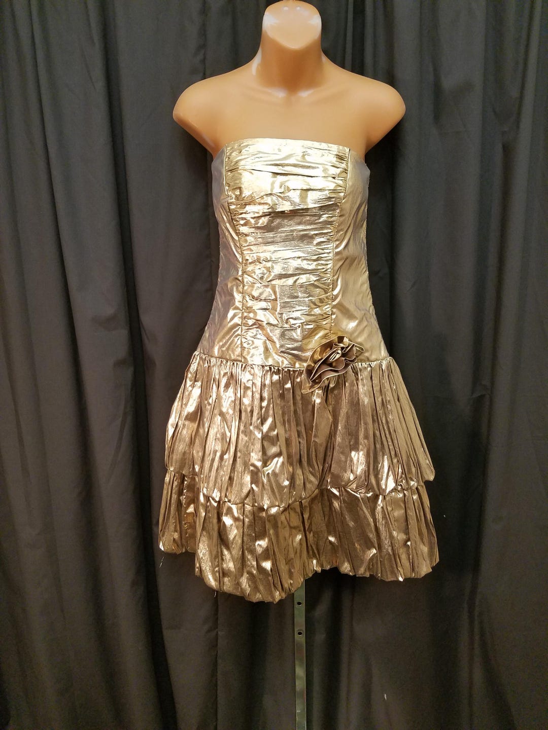 Vtg Loralie 1980's Gold Metallic Ruffled Puffy Formal Strapless Mini ...