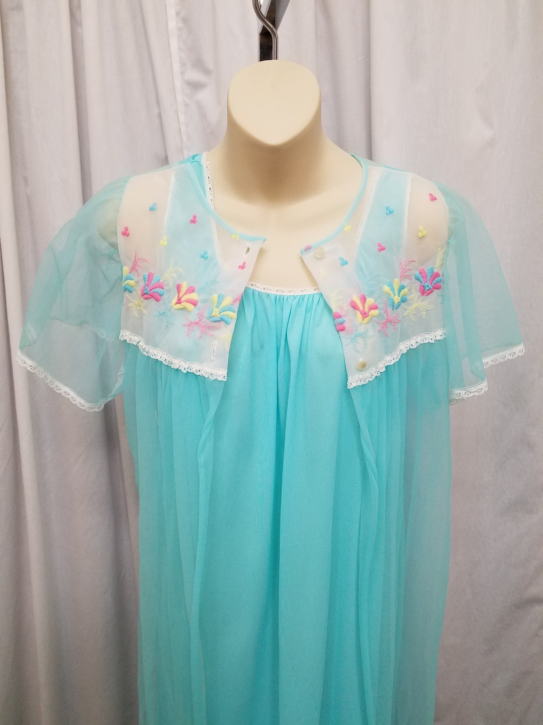 Vintage 1960s Turquoise Nylon Nightie W Chiffon Sheer Floral Accent ...