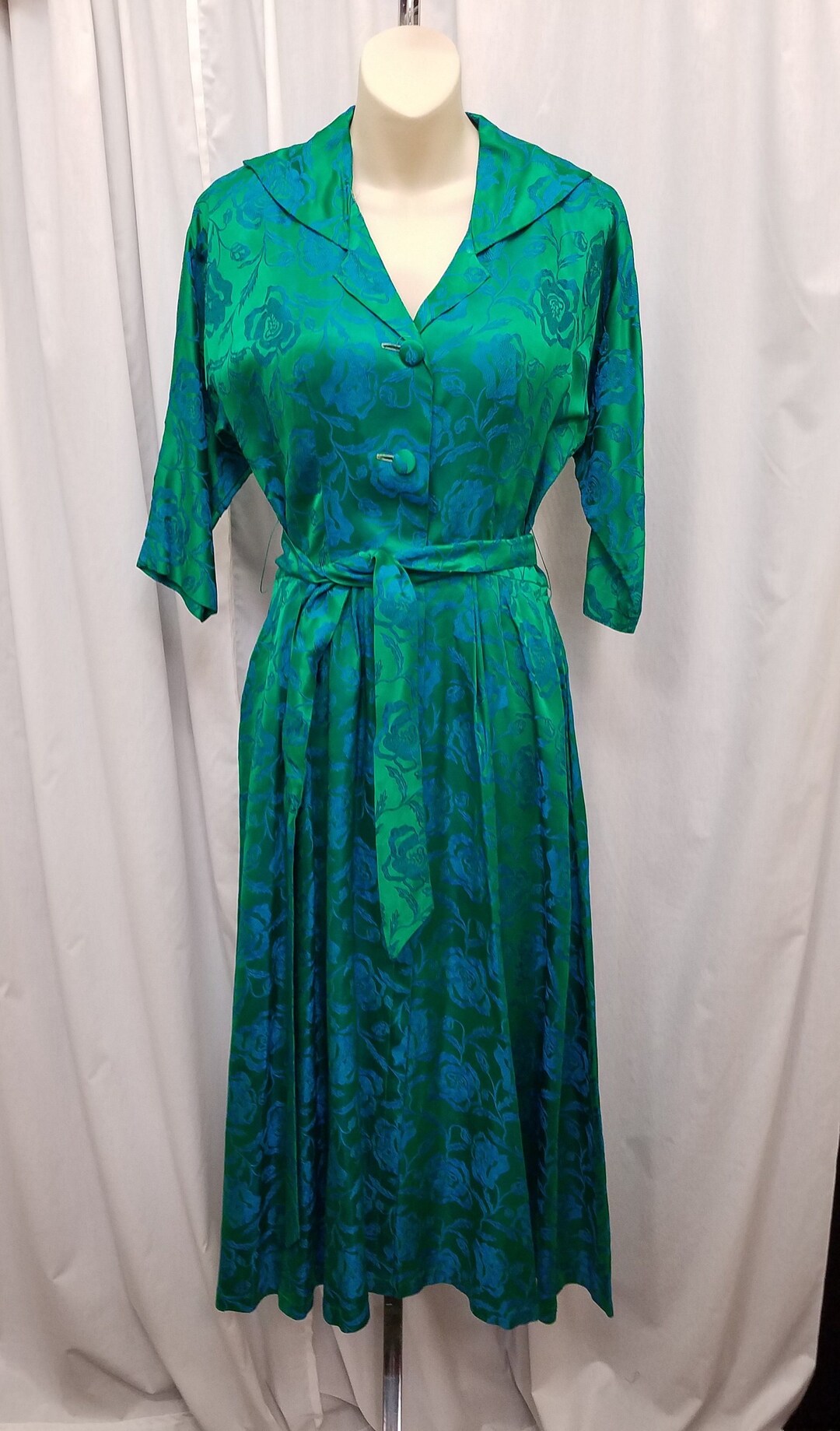 Vtg 60s Lord & Taylor by Peer Gorgeous Satin Green and Blue Floral ...