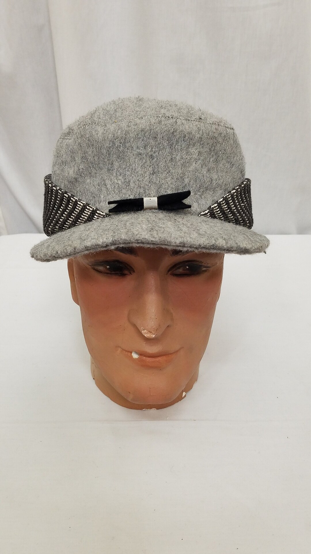 Vintage 1970's Gray W Black Accents Wool Hunting Cap Heavy Duty W/brim ...