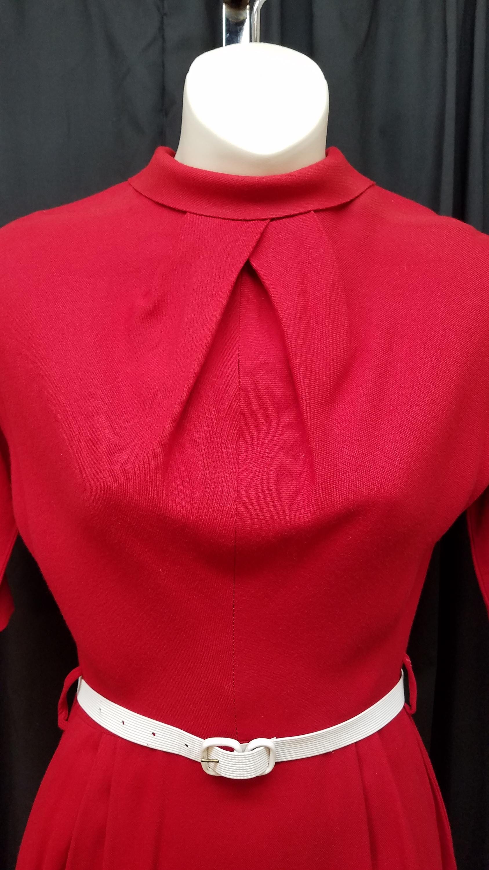 Vtg 1950s Judy Palmer Red Designer Knit/cotton Day Dress W White Belt ...