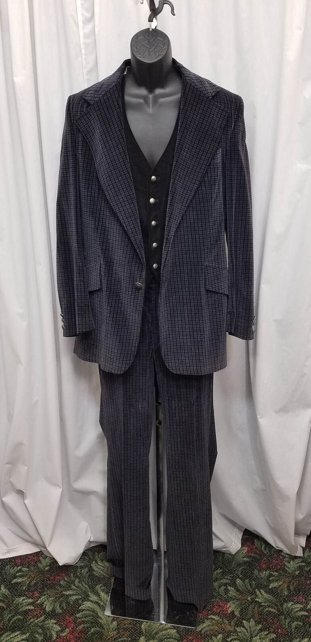 Vtg 70s Mcgregor Navy Blue Plaid Patterned Velour 3 Piece Leisure Disco ...