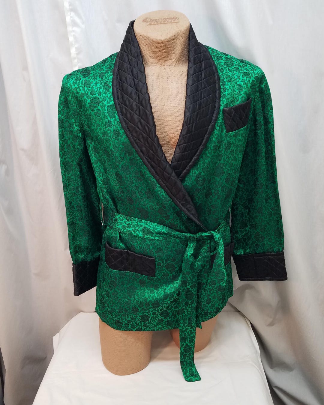 Vtg 60s Satin Green Patterned Print Robe Dressing Gown Smoking Jacket ...