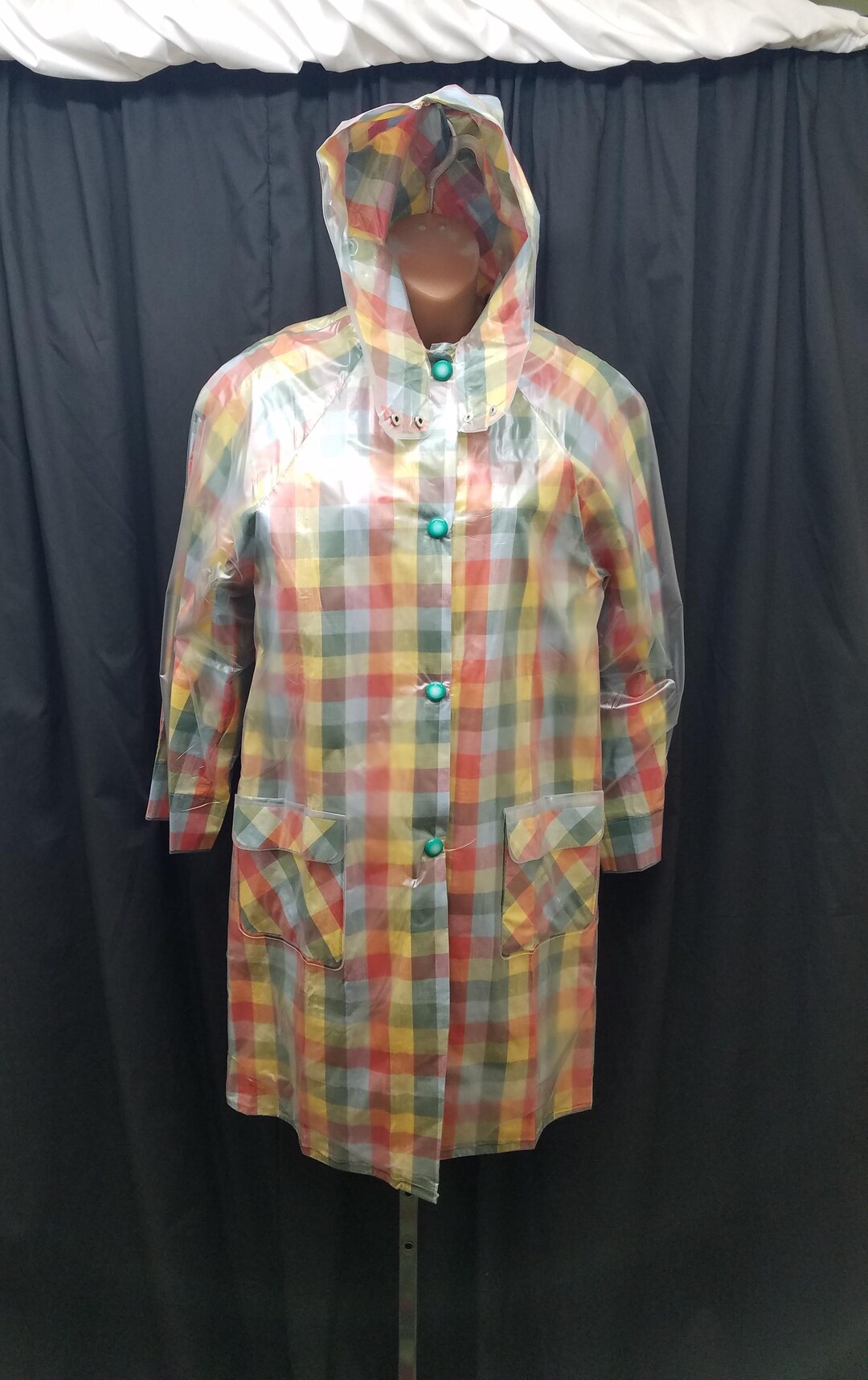 Vtg 70s Best in Rain Weatherite RAINBOW Checked Rain Coat JACKET Spring ...