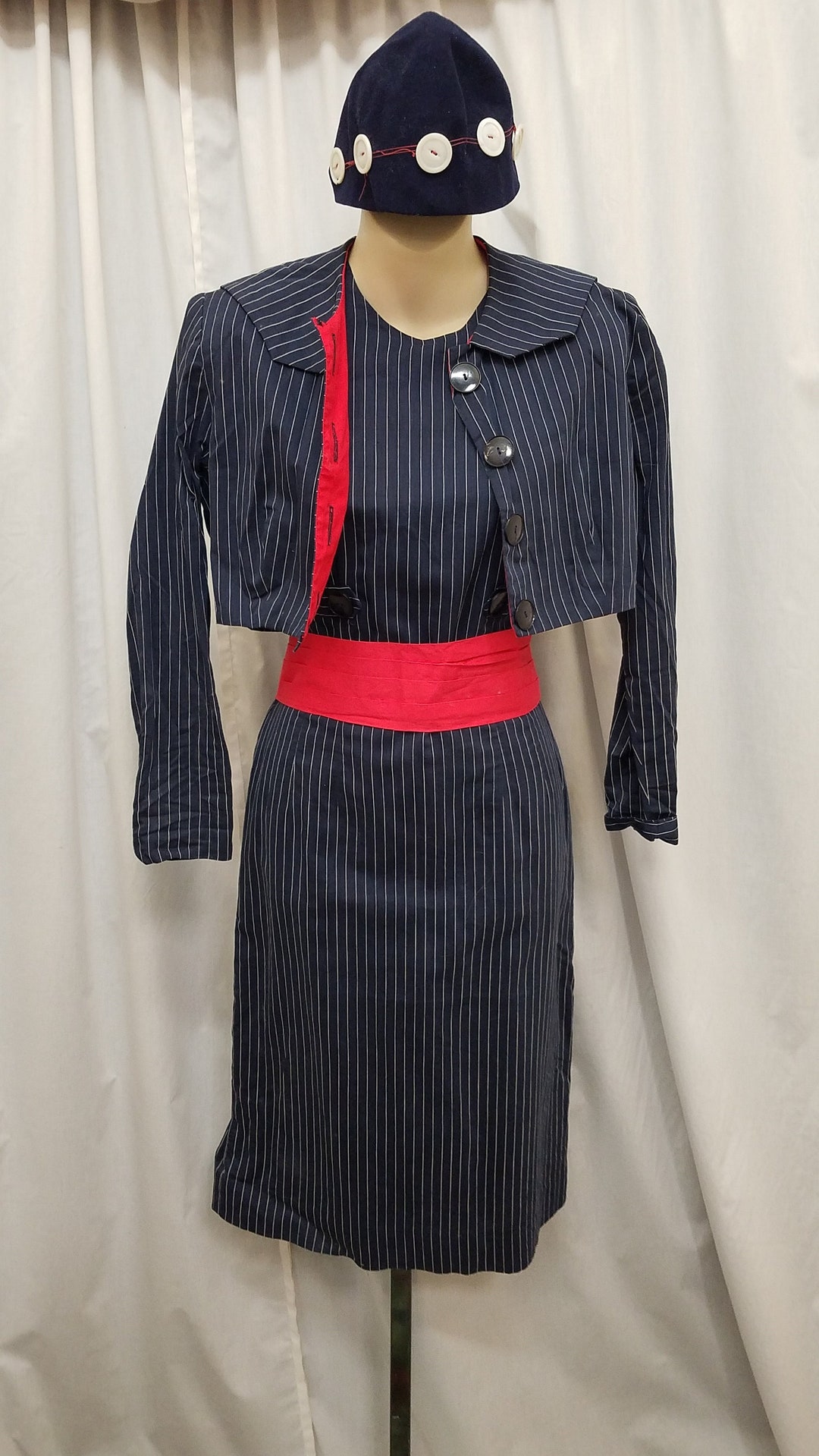 Vintage 1950s Betty Barclay 2 Piece Navy and Red Cotton Bonnie & Clyde ...