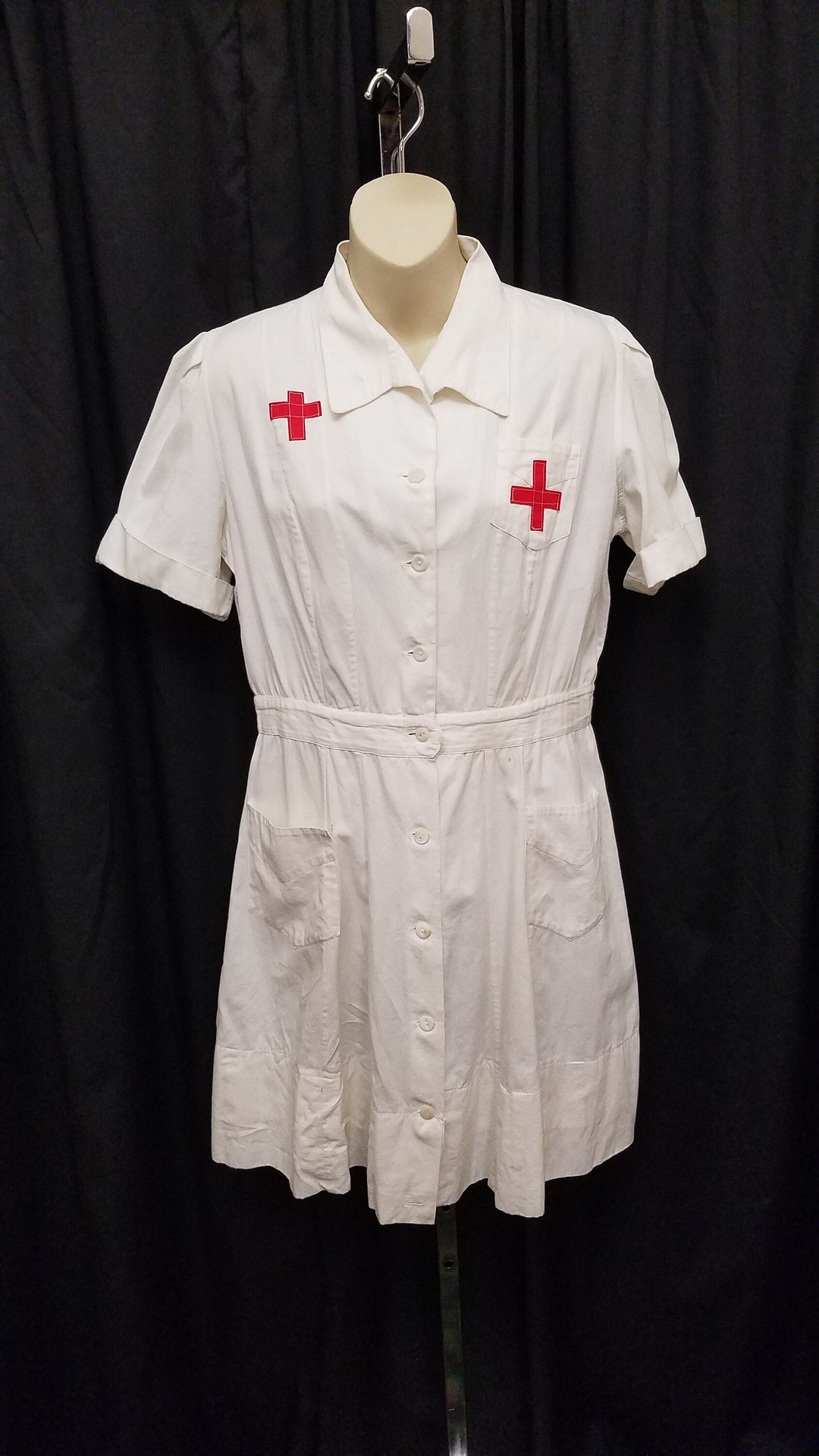 Vintage 1940's Red Cross Nurse Uniform Dress Smock Cotton Collared ...