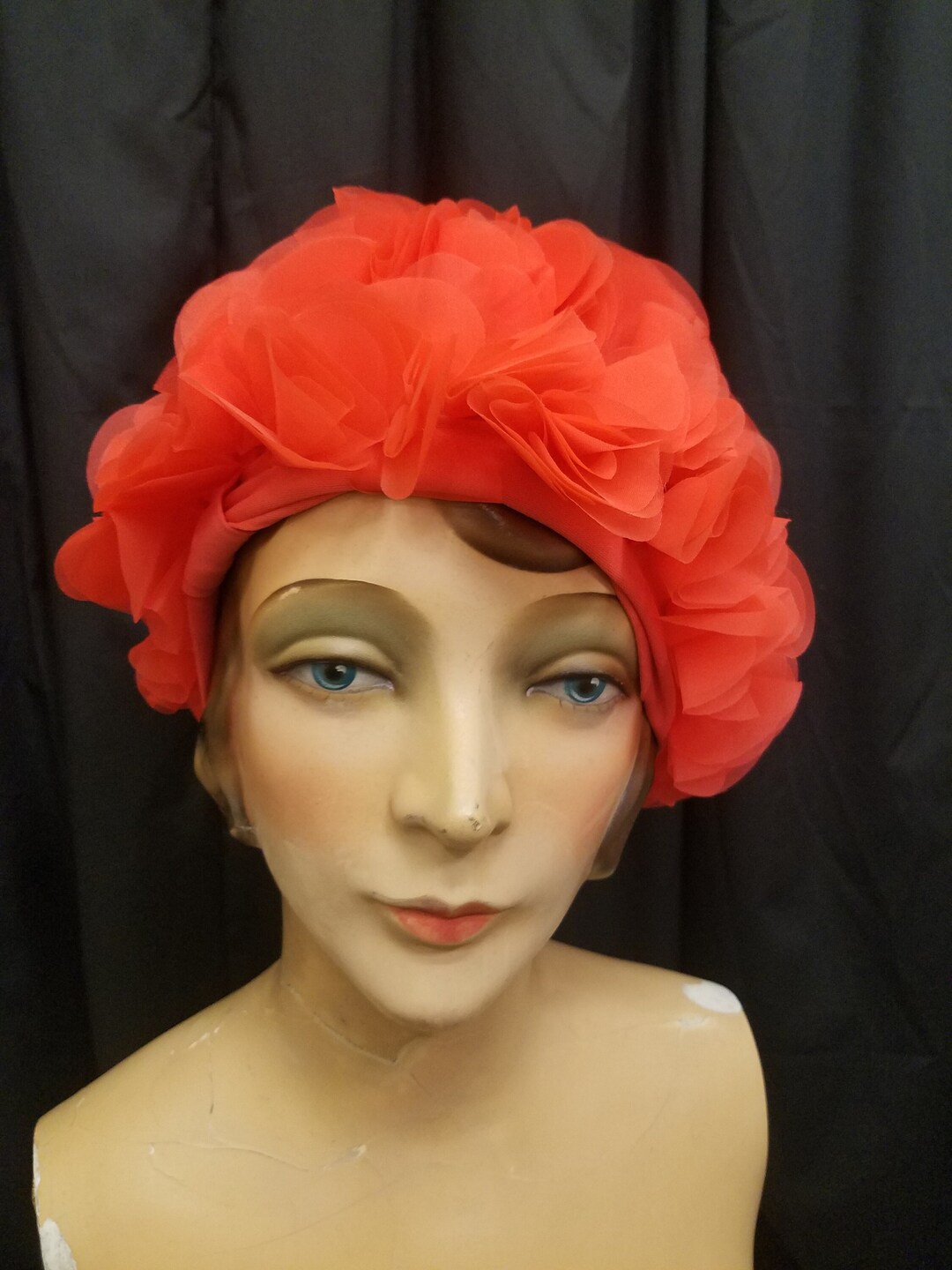 Vintage Classic Hair Hat Cap Floral Nylon Bright Red Flower Designer ...