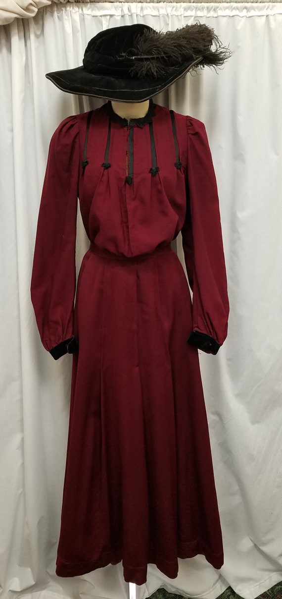Authentic 1900s Edwardian Victorian Burgundy Wool w L… - Gem