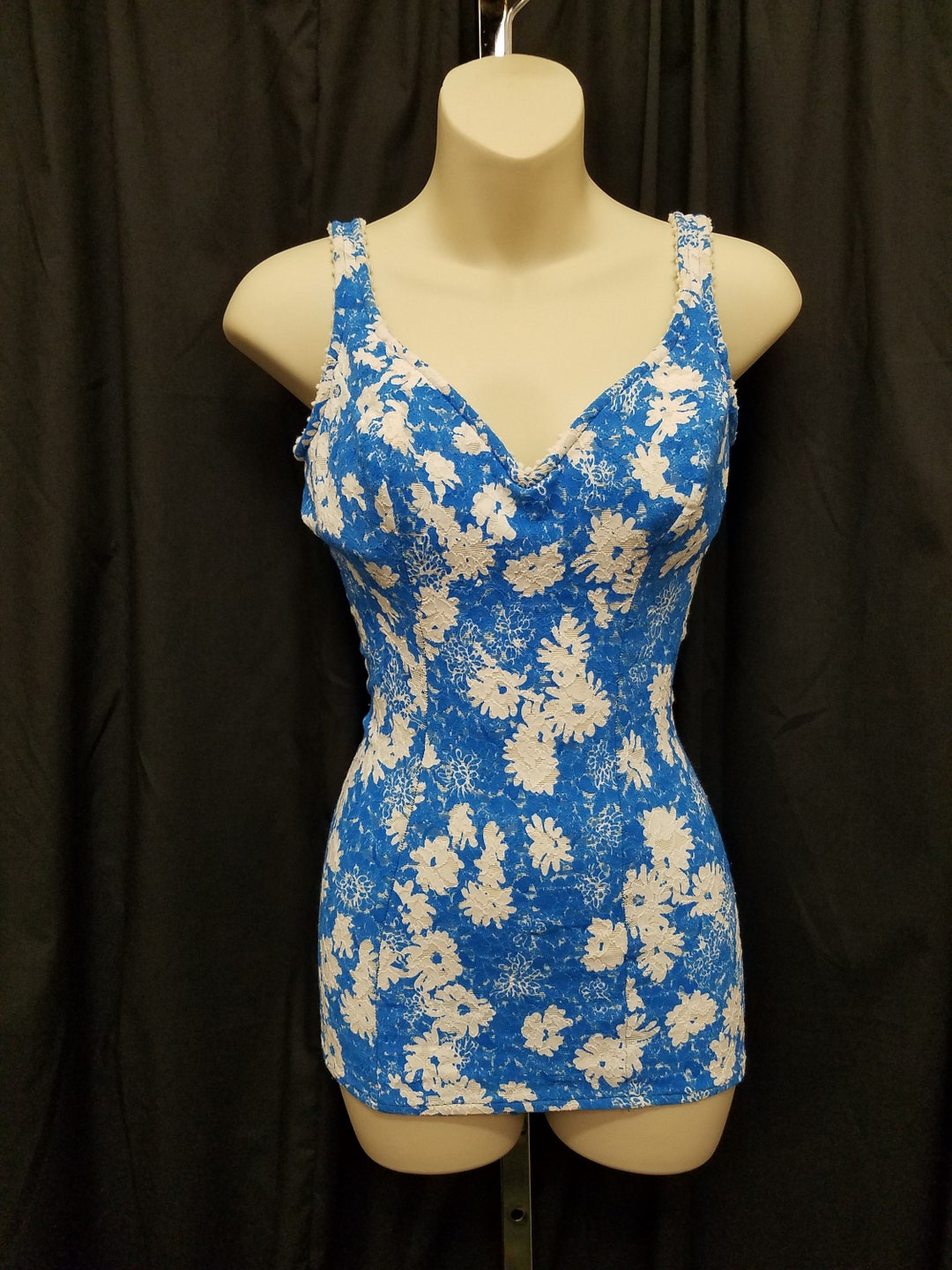 Vintage 1960's Jantzen Blue & White Floral Lace Swim Suit Women's One ...