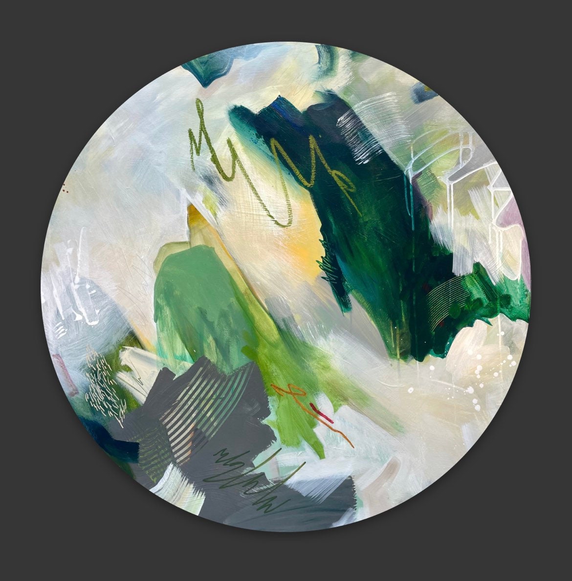 Green and Yellow Abstract Sticker. Original Fine Art Unique Circle ...