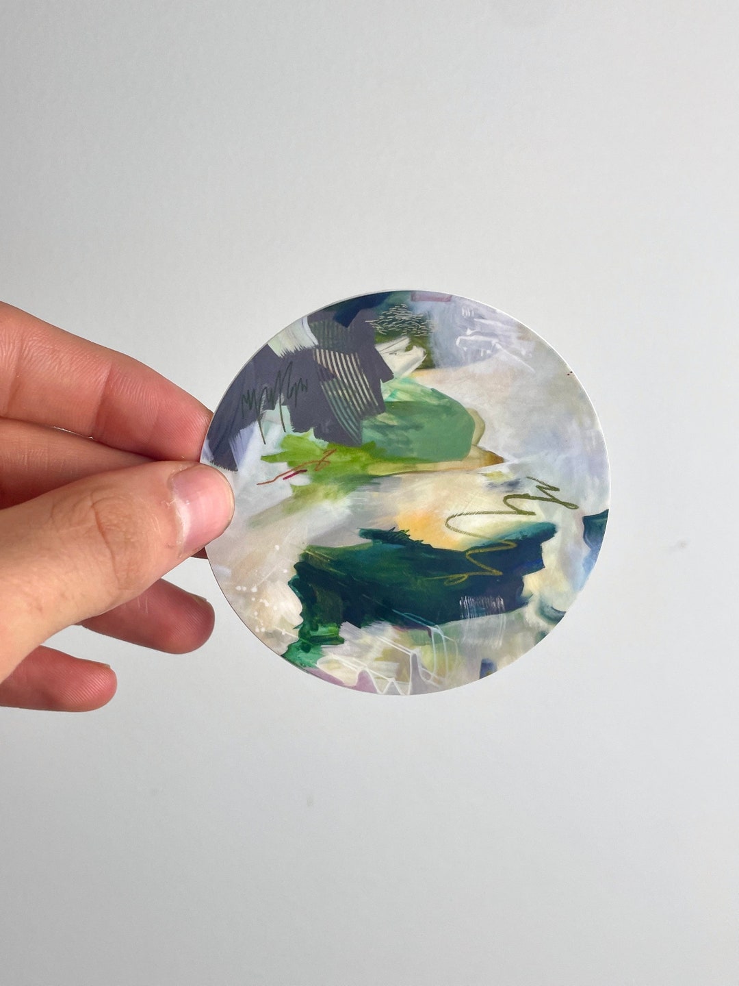 Green and Yellow Abstract Sticker. Original Fine Art Unique Circle ...