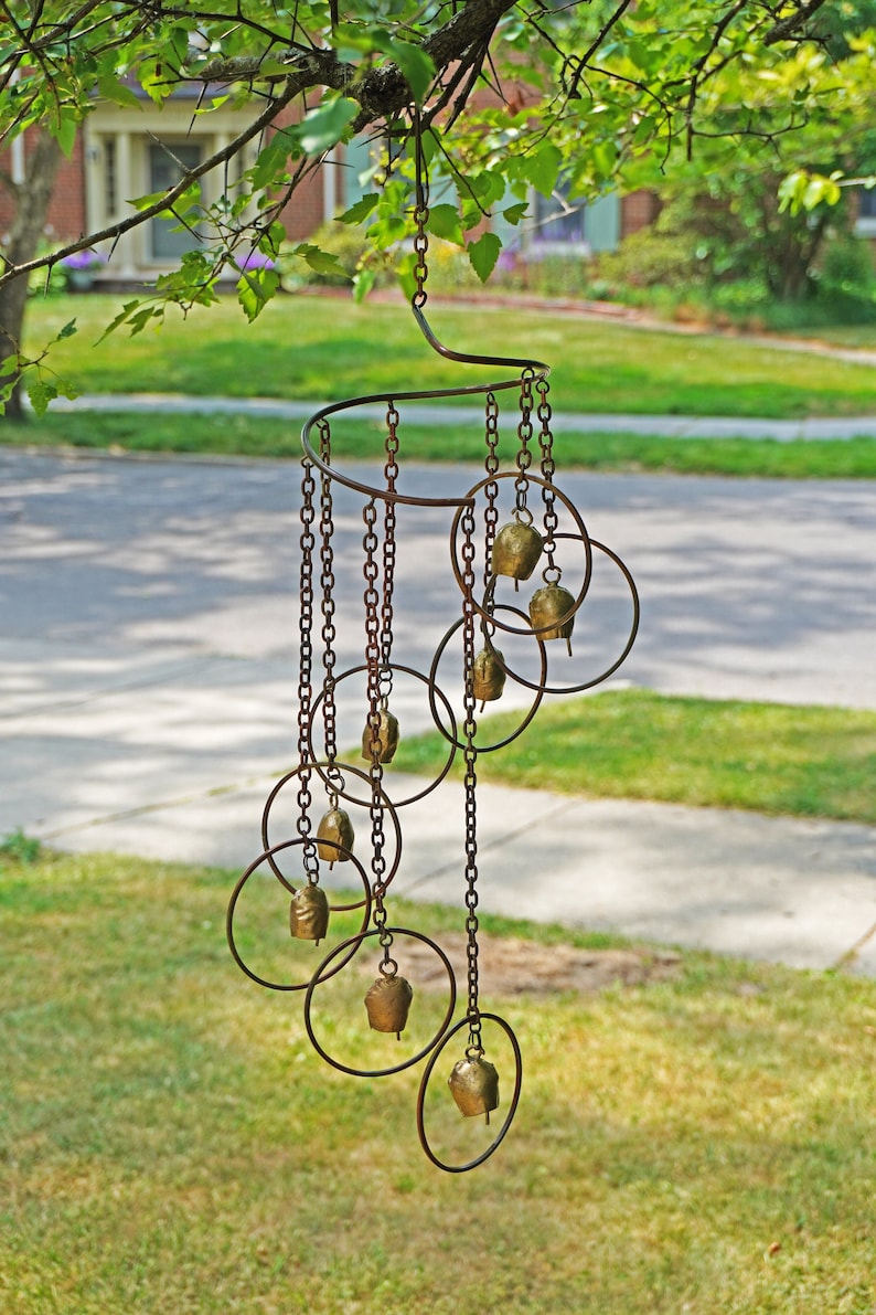 Circle Bells Spiral Mobile | Handmade Garden Decor - Etsy