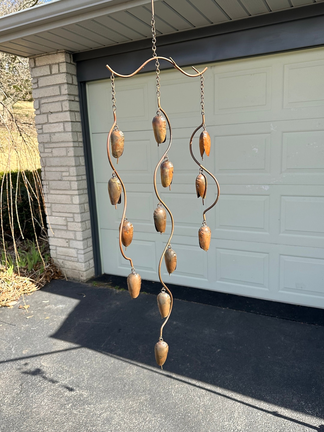 Triple Bell Spiral Wind Chime, Rustic Outdoor Garden Decor, Handcrafted ...