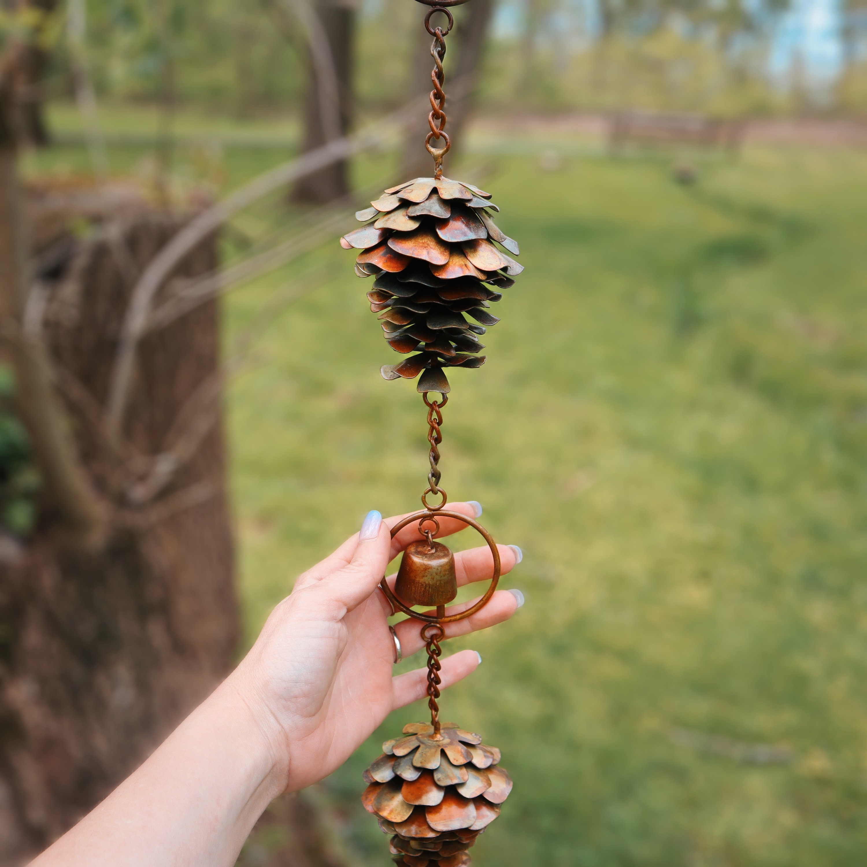 Pine Cone Rain Chain With Bells Garden Ornament Tree Decor - Etsy