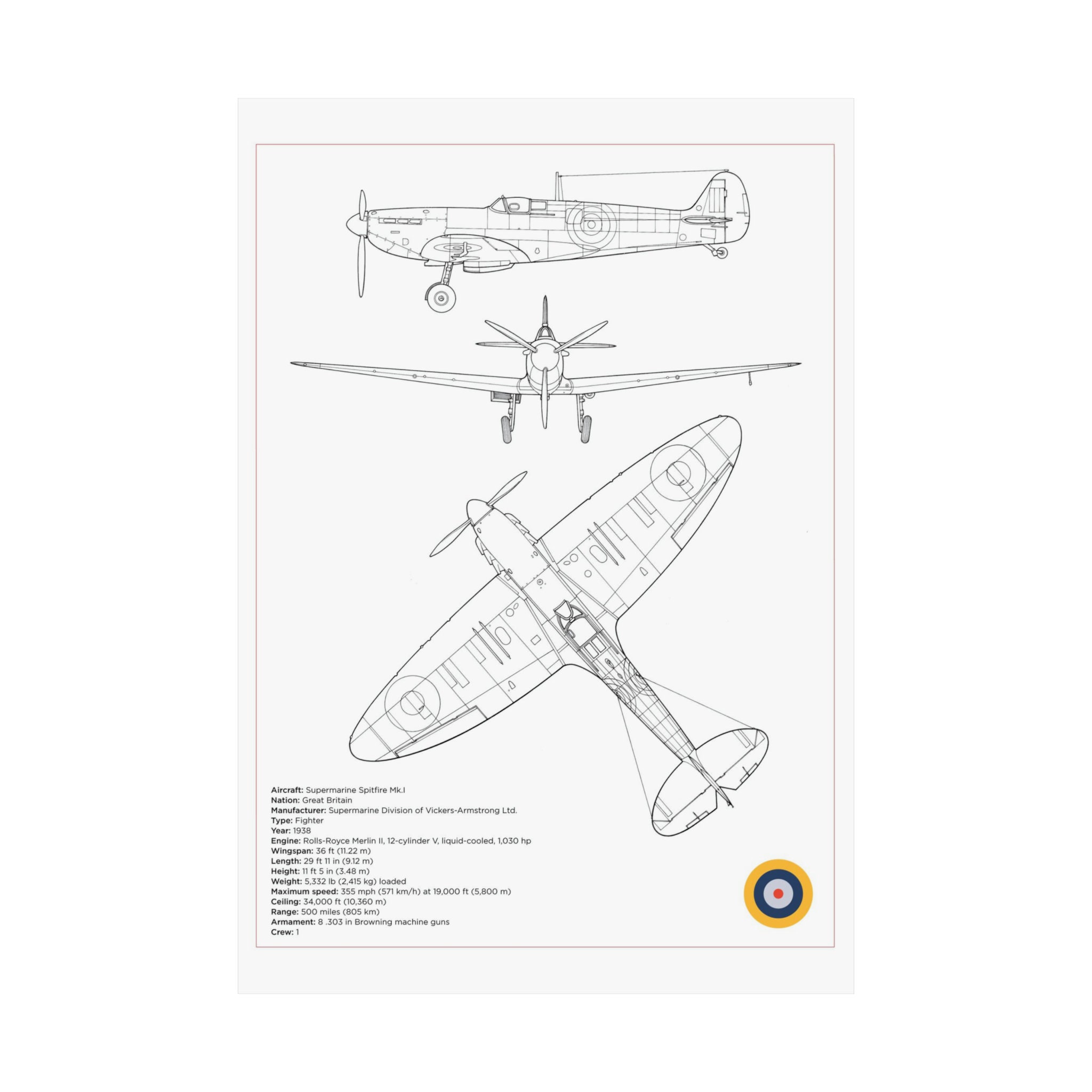 Supermarine Spitfire Mki 3-view Poster - Etsy