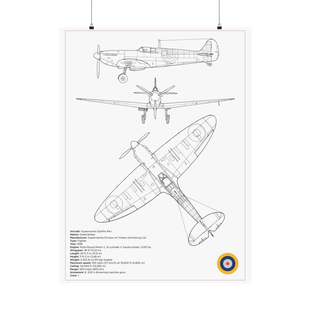 Supermarine Spitfire Mki 3-view Poster A Detailed Illustration of the ...