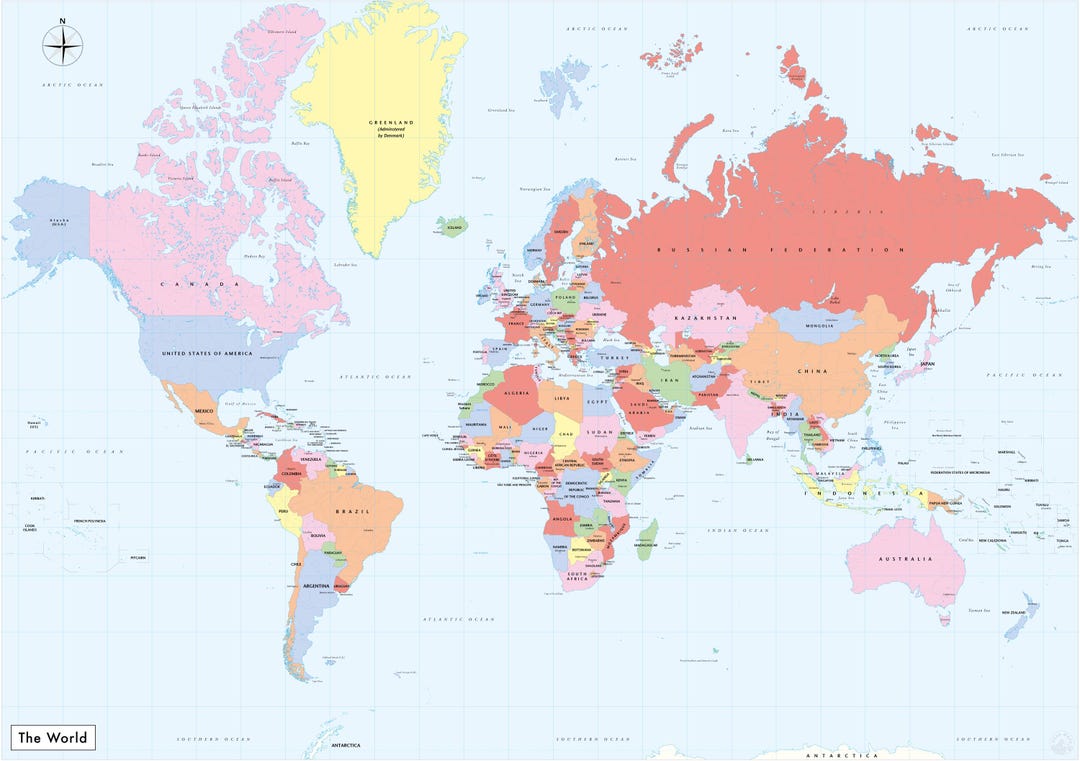 Large World Map With Modern Political Borders Digital Download - Etsy