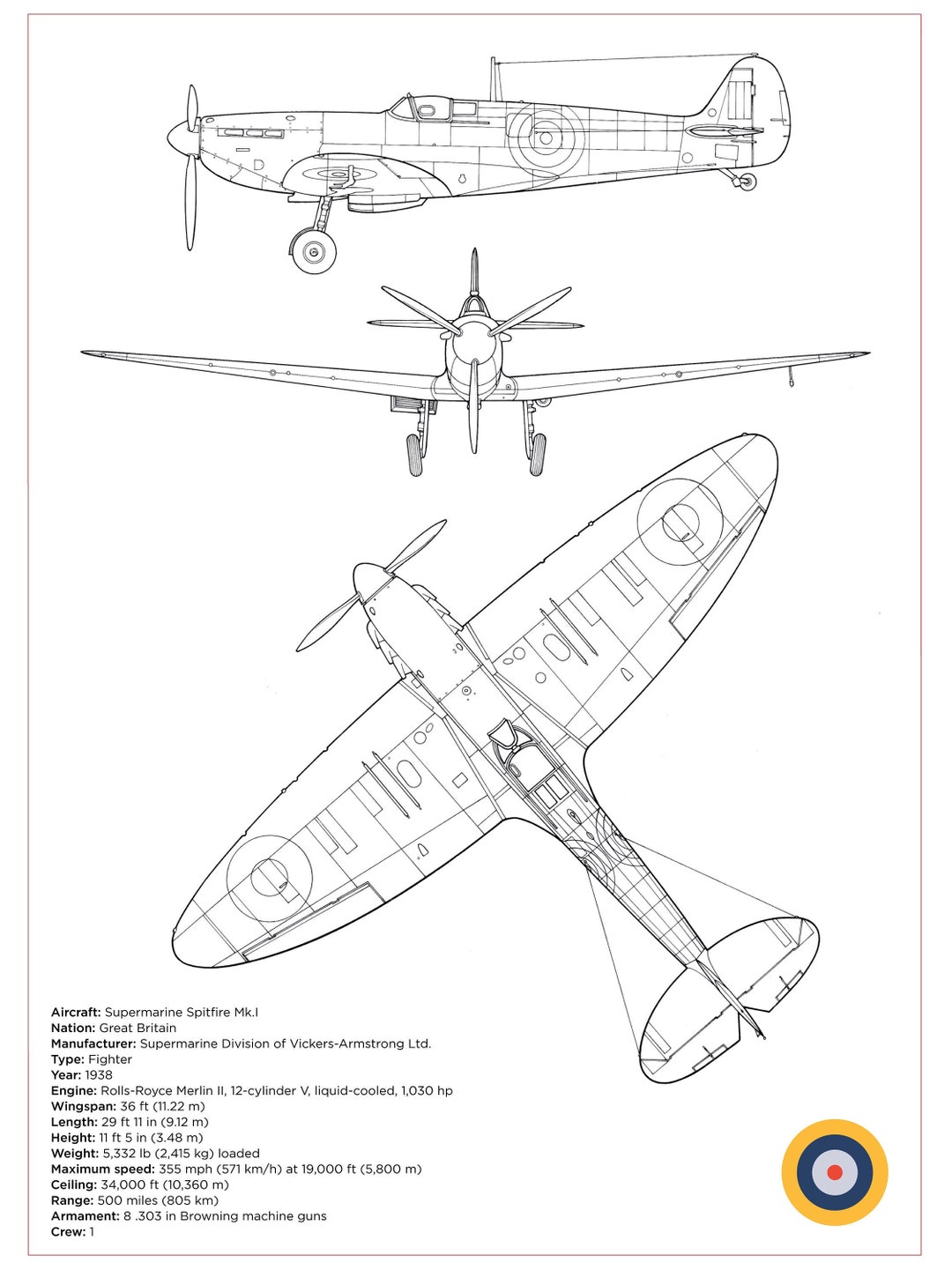 Supermarine Spitfire Mki 3-view Drawing Digital Download - Etsy UK