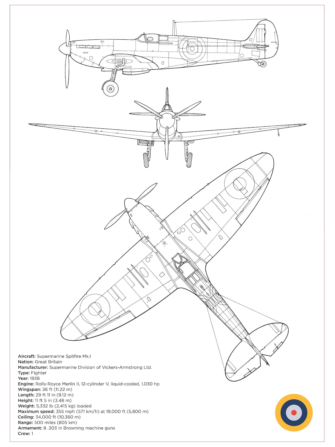 Supermarine Spitfire Mki 3-view Drawing Digital Download - Etsy
