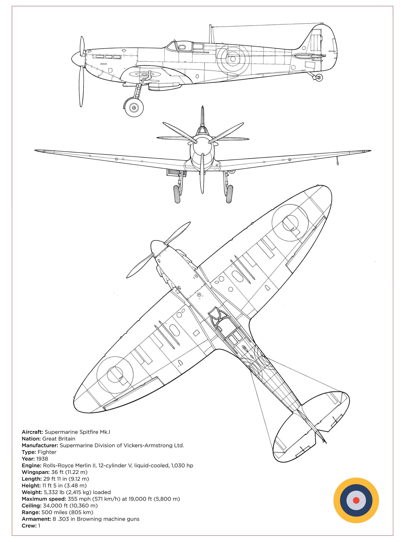 Supermarine Spitfire Mki 3-view Drawing Digital Download - Etsy