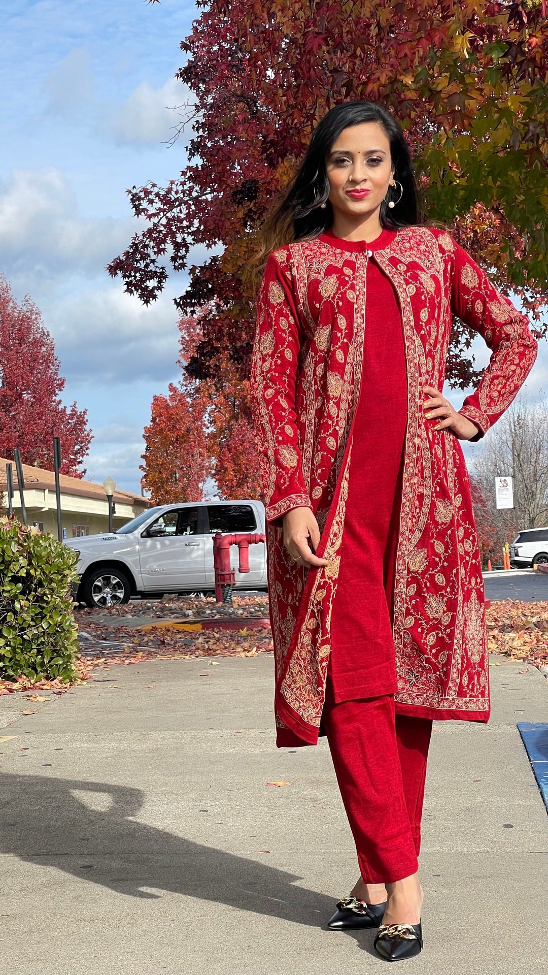 Winter Woolen Kurta Set Maroon Plain Kurta With Floral Embroidered ...