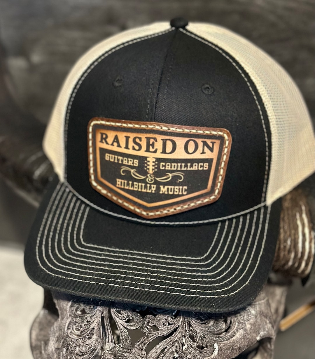 Hillbilly Music Trucker Hat: Hand Stitched Leather Patch - Etsy