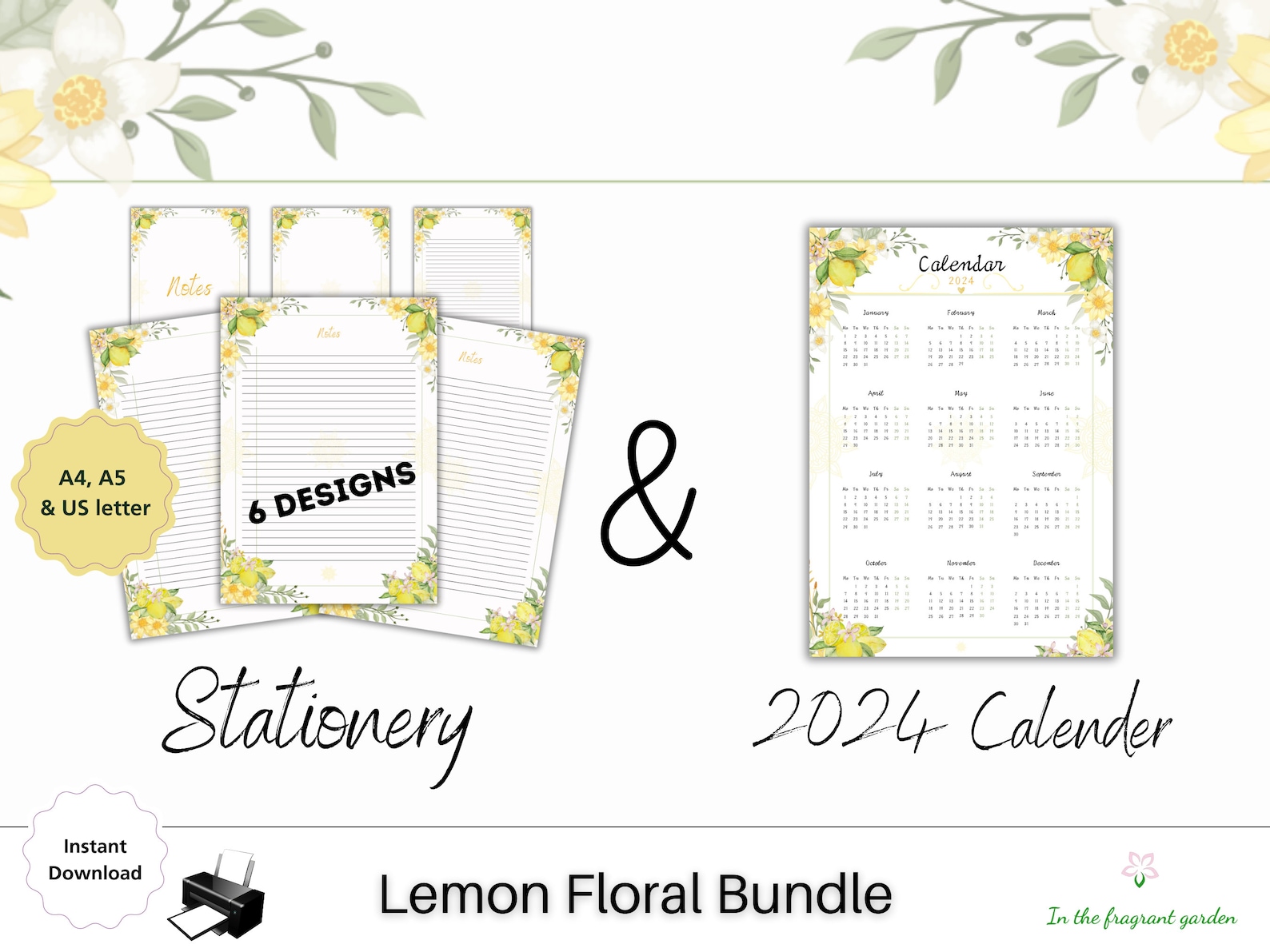 Lemons Letter Instant Download Stationery Printable Calendar 2024 ...