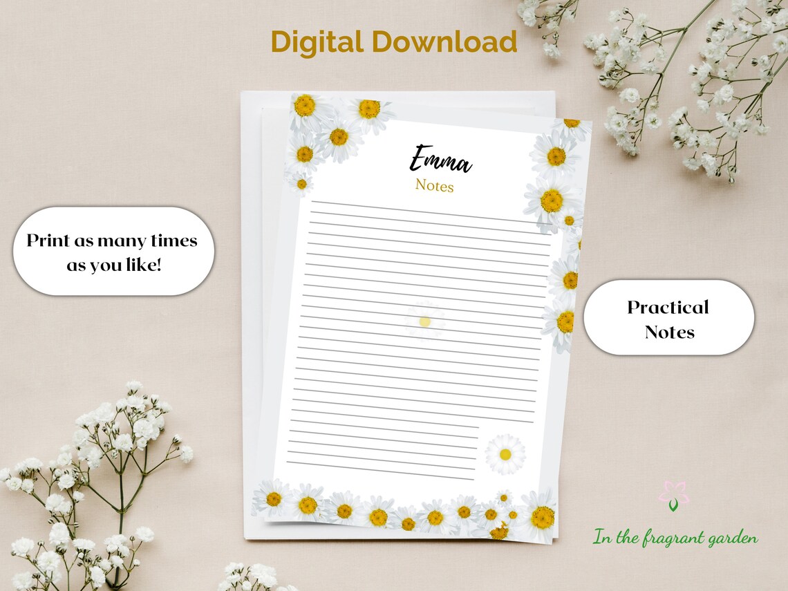 Daisy Flower Cute Stationery Notes Planner Floral Notepaper Printable ...