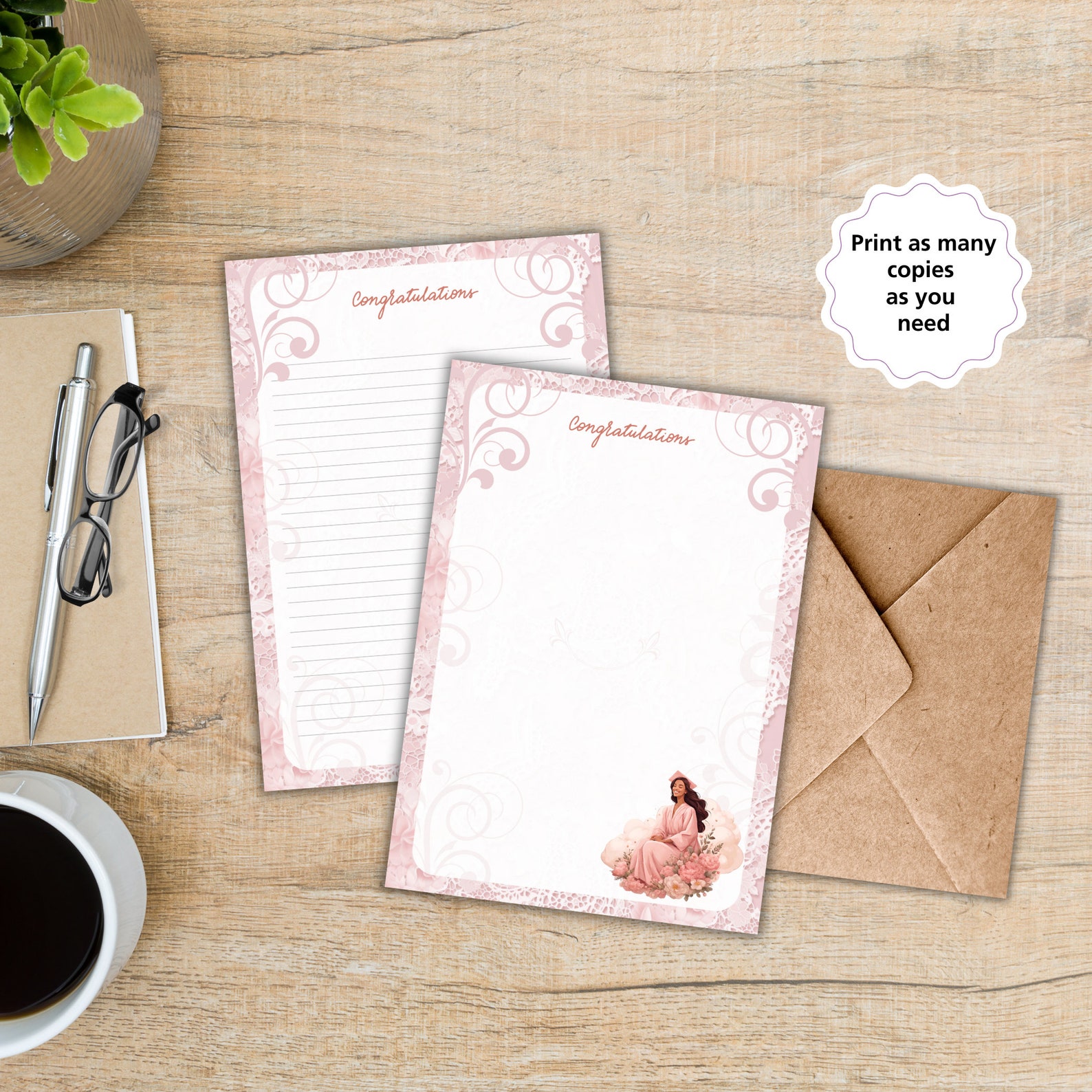 Congratulations Graduation Letters Floral Lined Notes Stationery Paper ...