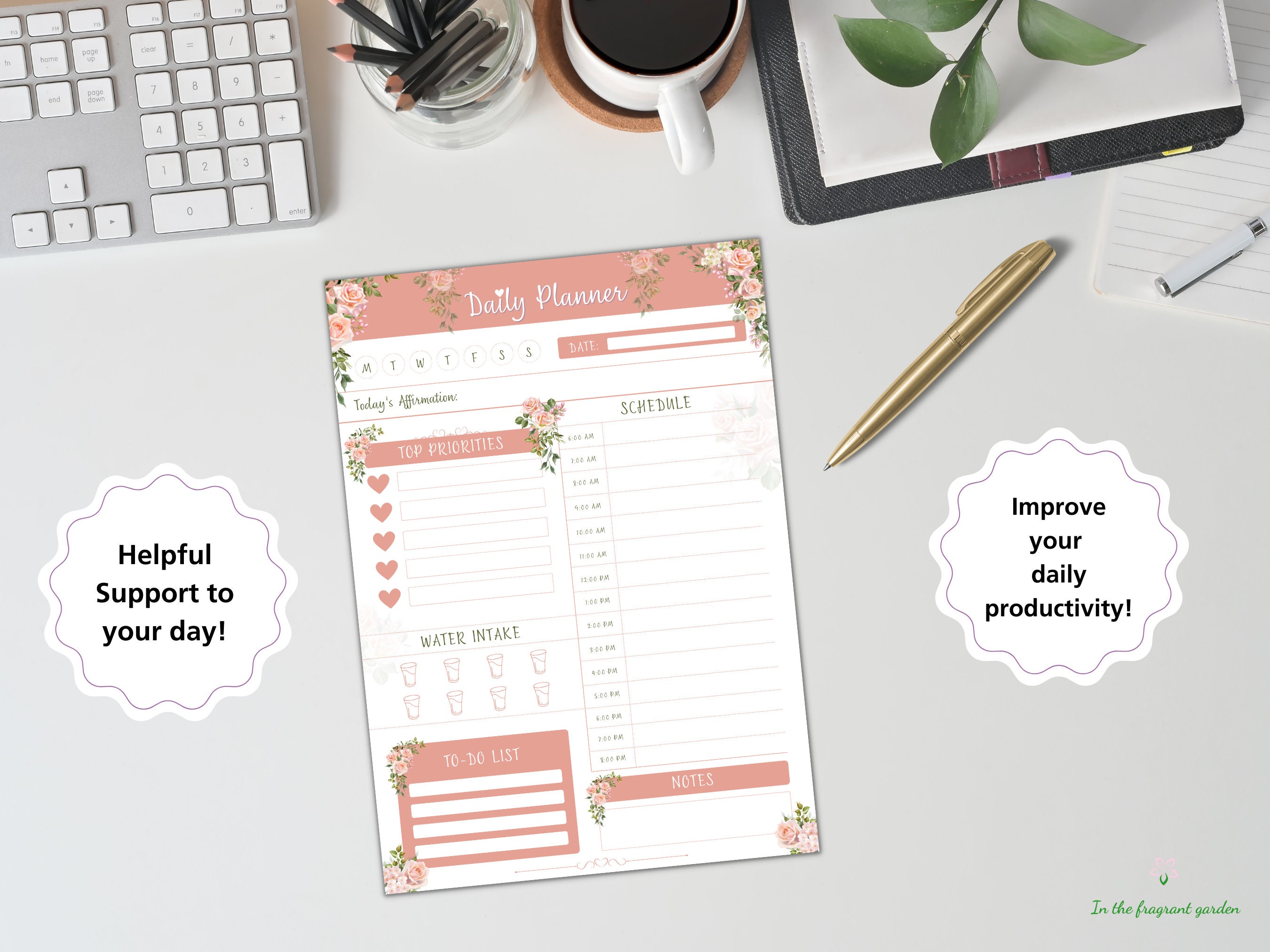 Rose Digital Daily Planner Printable Hourly Work Day Schedule Undated ...