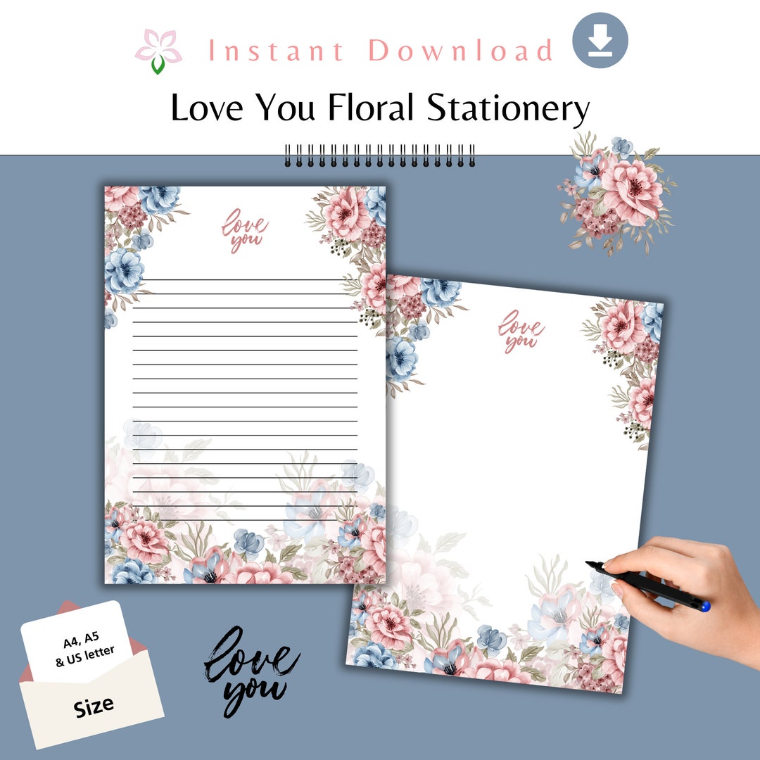 Love You Floral Notes Page Printable Lined Snail Mail Penpals Note ...