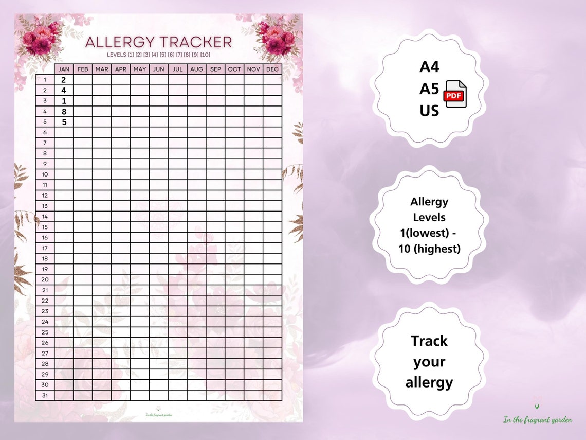 Printable Allergy Tracker Daily Floral Hayfever Log PDF Improve ...