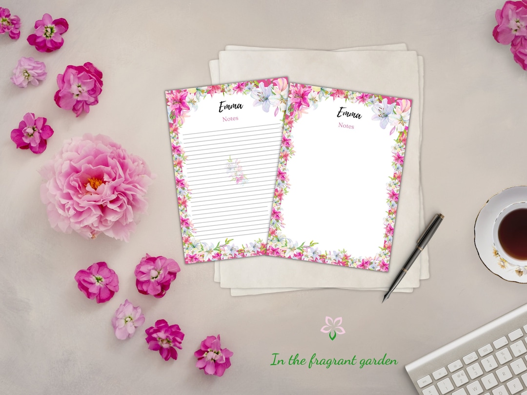 Personalised Floral Pink Lily Flower Notes Page Printable Lined Note ...
