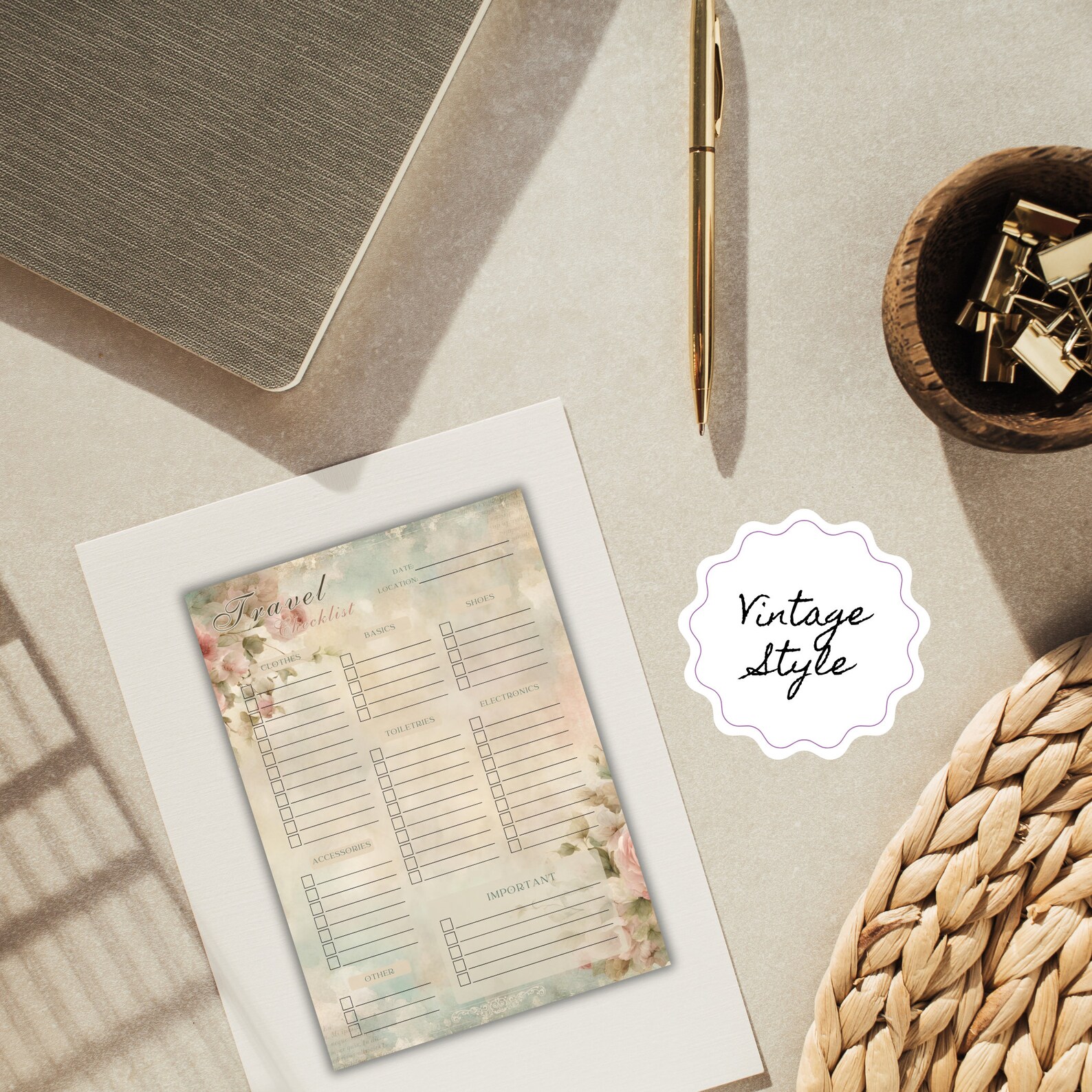 Shabby Chic Travel Checklist Planner Victorian Pink Rose Floral ...