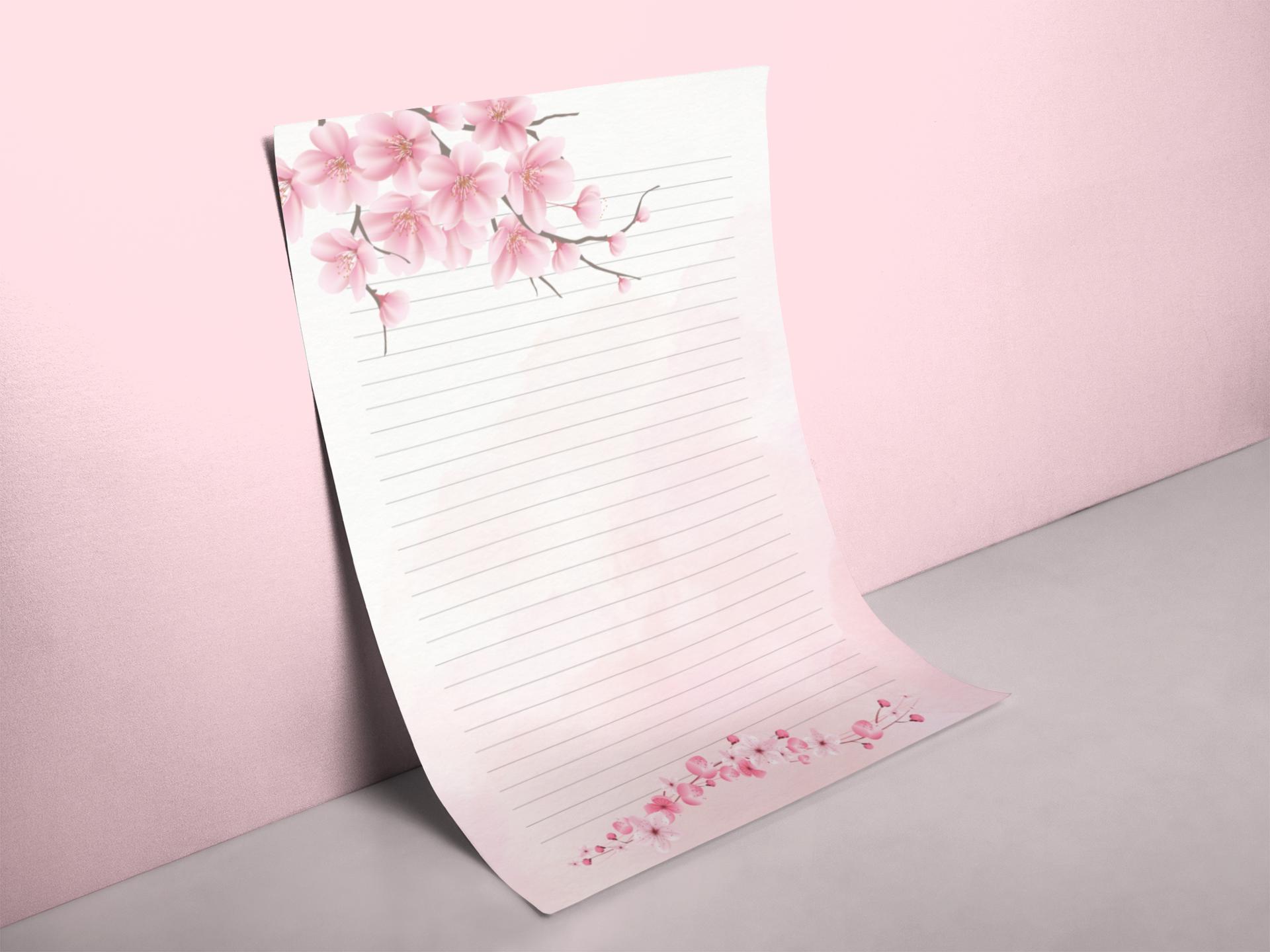 Cherry Blossom Pink Stationery Printable Lined Paper for Office & Notes ...