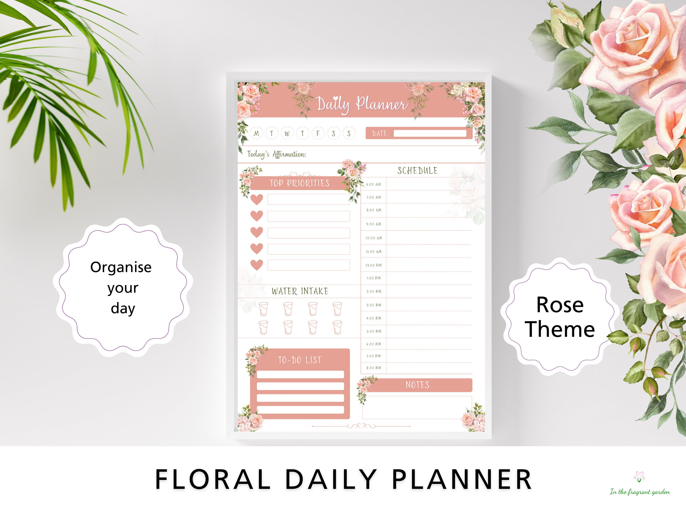 Rose Digital Daily Planner Printable Hourly Work Day Schedule Undated ...