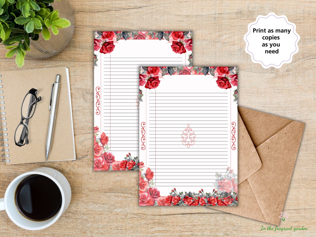 Red Roses Notes Page Printable Lined Snail Mail Pen Pals Note Taking ...